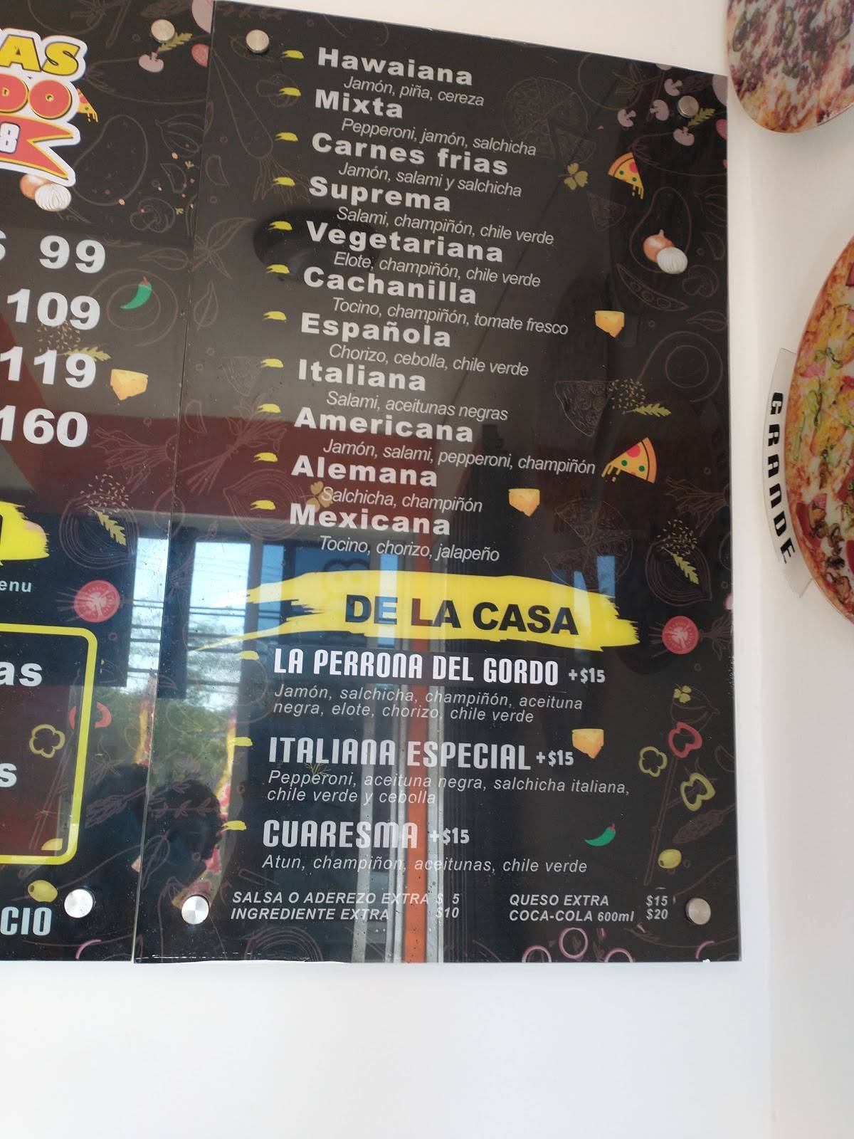 Menu at Pizzas del gordo restaurant, Hermosillo