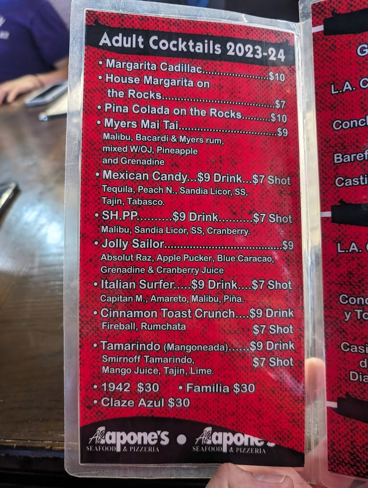 Menu at Al Capone's Seafood and Pizzeria, Puerto Peñasco