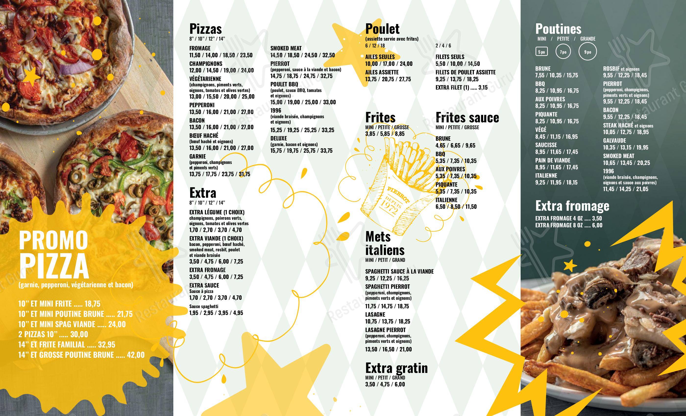 Menu au Casse-Croûte Pierrot pub et bar, Québec, 1re Av.