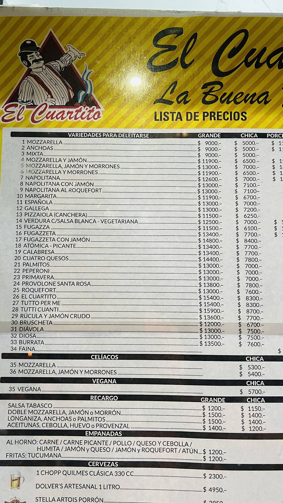 Carta de pizzería El Cuartito, Buenos Aires, Talcahuano 937