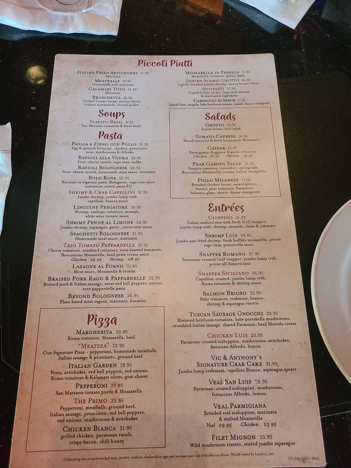 Menu at Grotto Ristorante pizzeria, Galveston