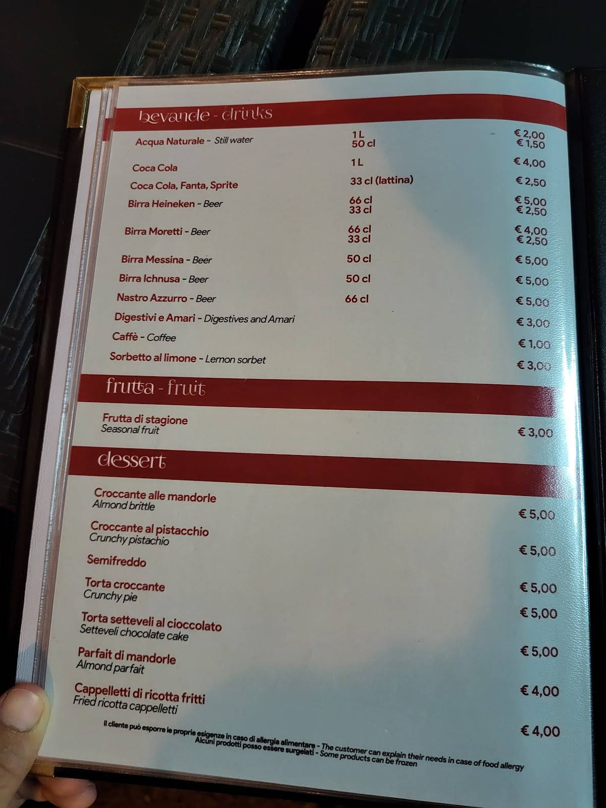 Menu at Luna Rossa pizzeria, Marsala