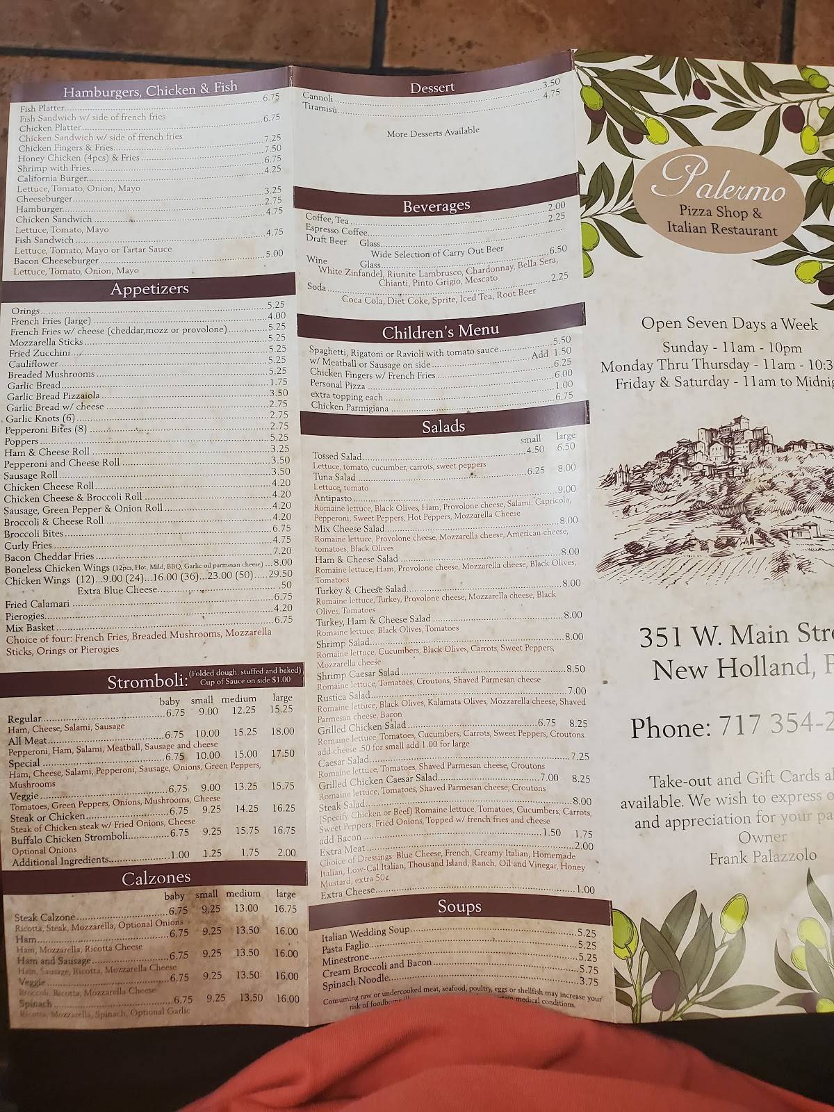Menu at Palermo Pizza & Italian Restaurant, New Holland