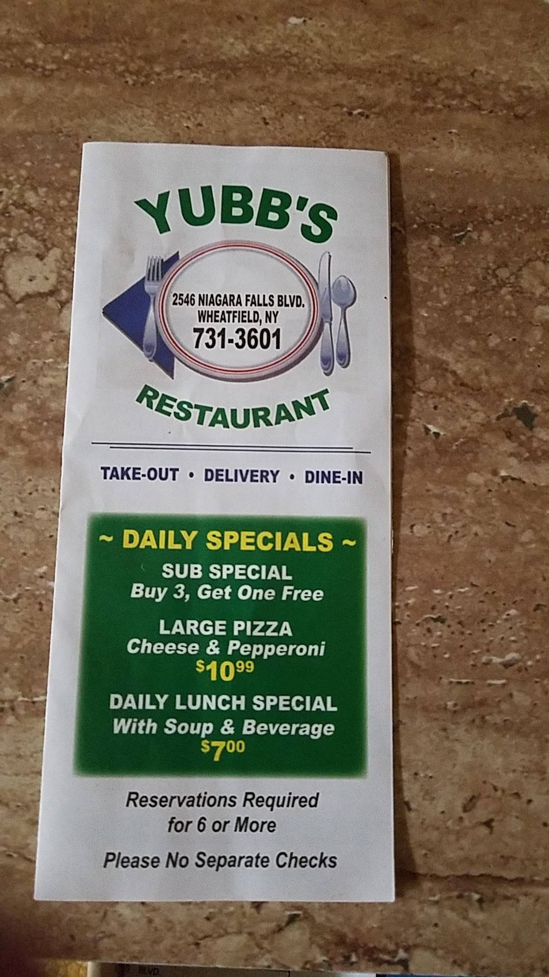 Menu at Yubb's Restaurant, Niagara Falls