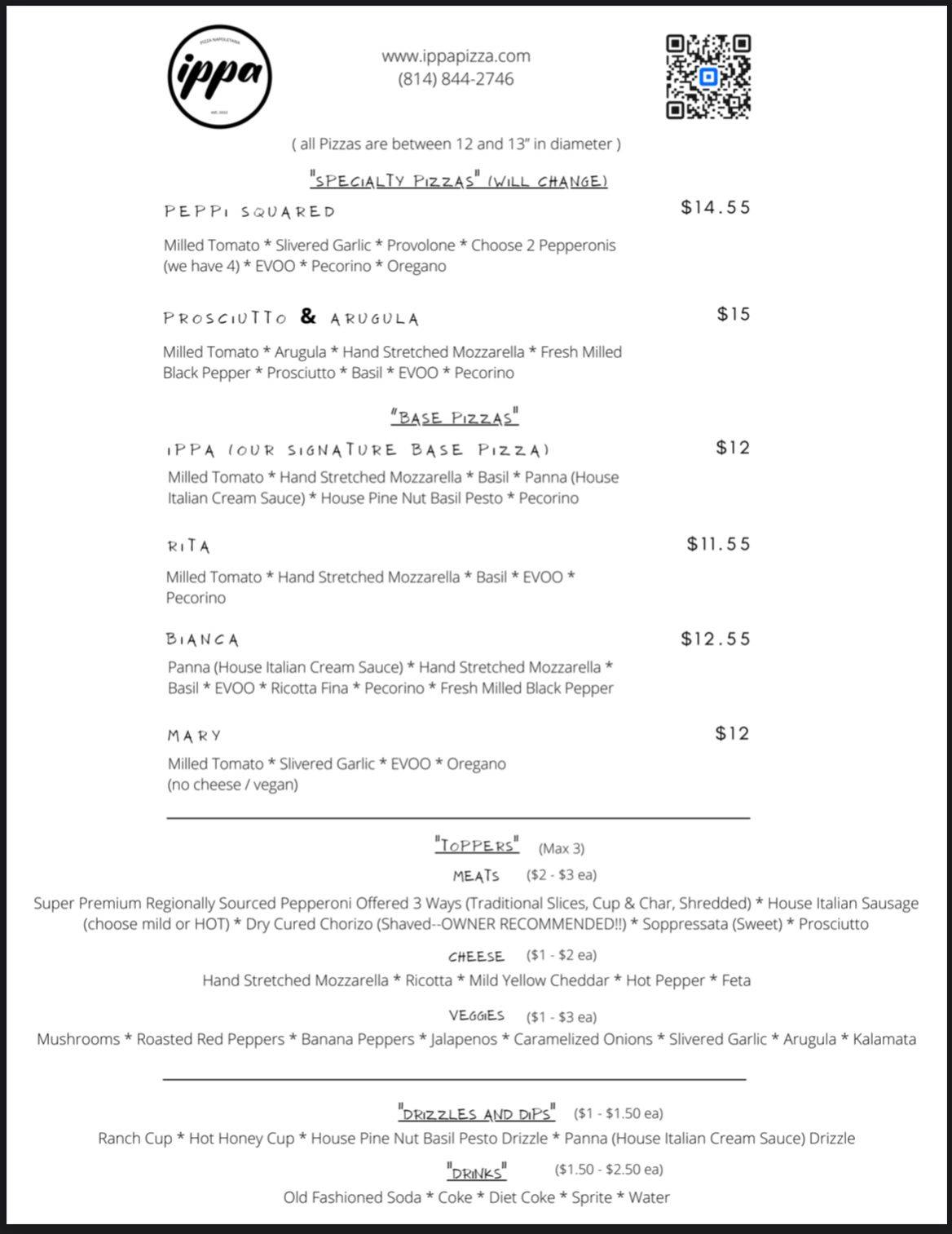 Menu at ippa Pizza Napoletana pizzeria, Erie