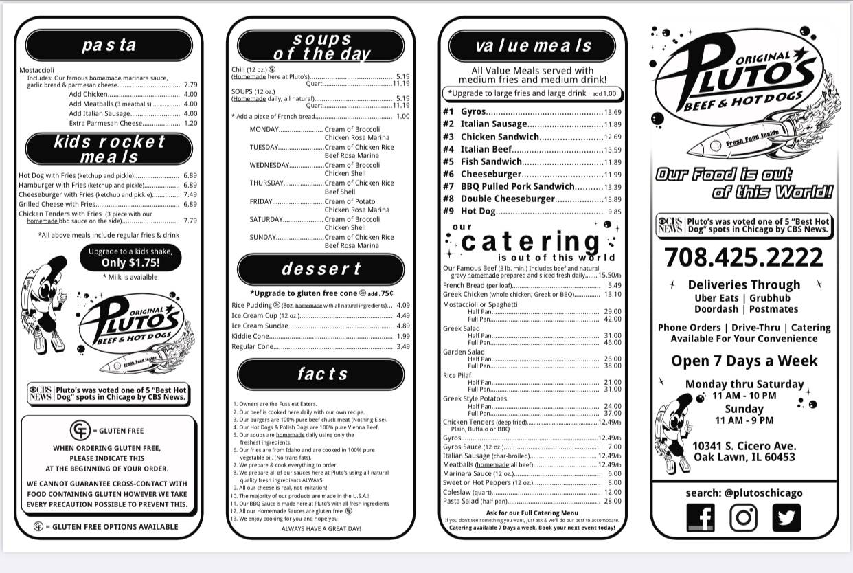 Menu at Pluto's fast food, Oak Lawn
