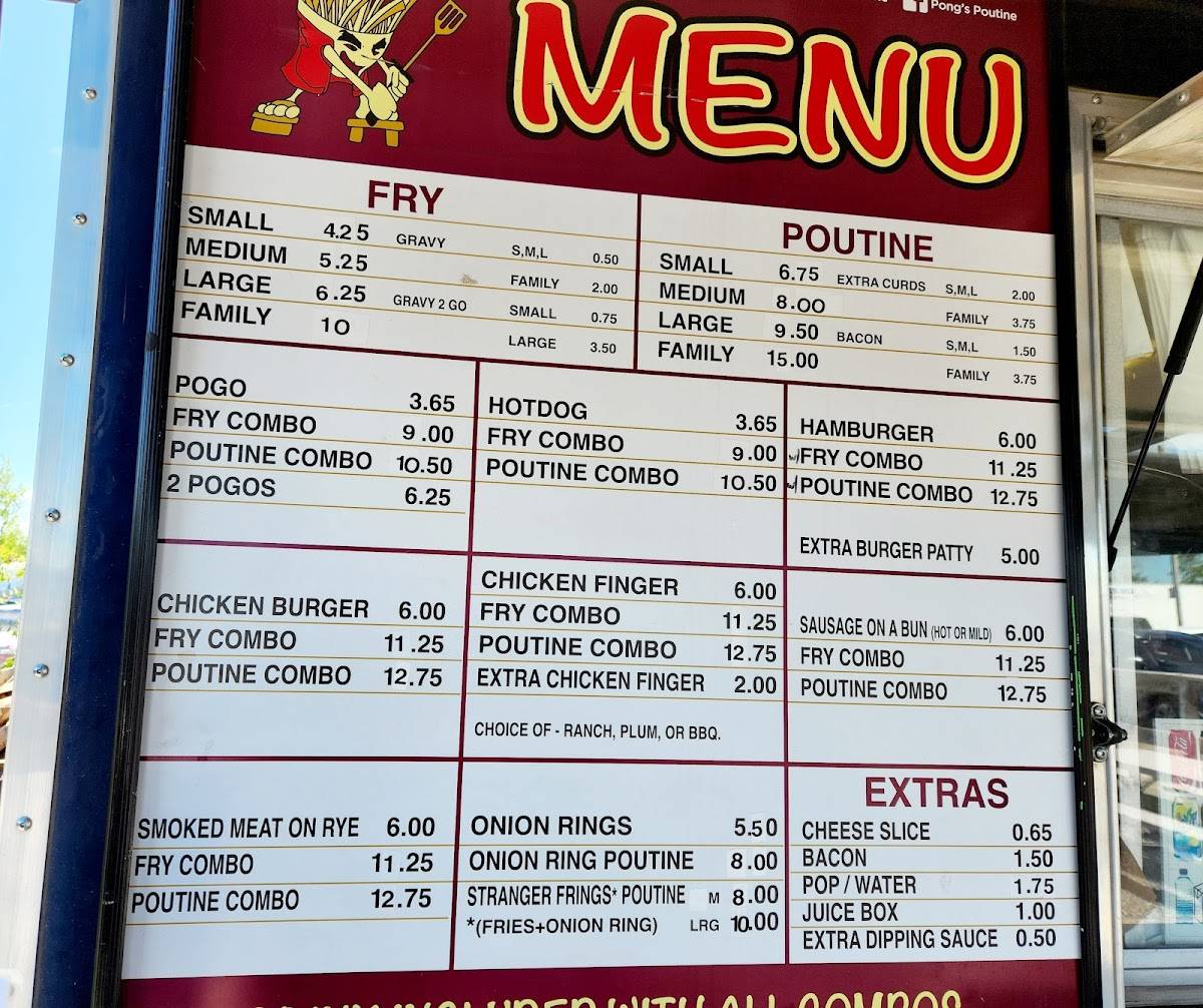 Menu at Pong's Poutine fast food, Ottawa, Carp Rd