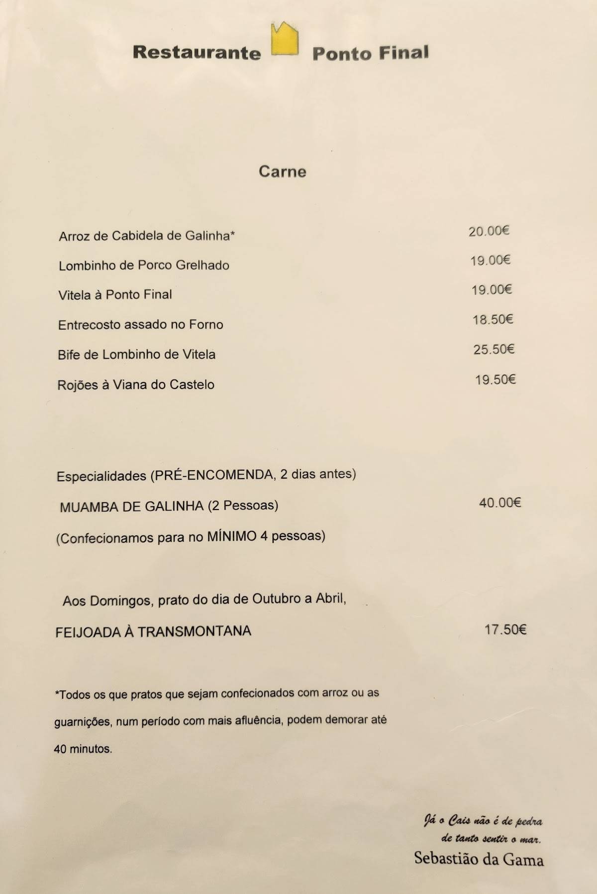 Menu at Ponto Final restaurant, Almada