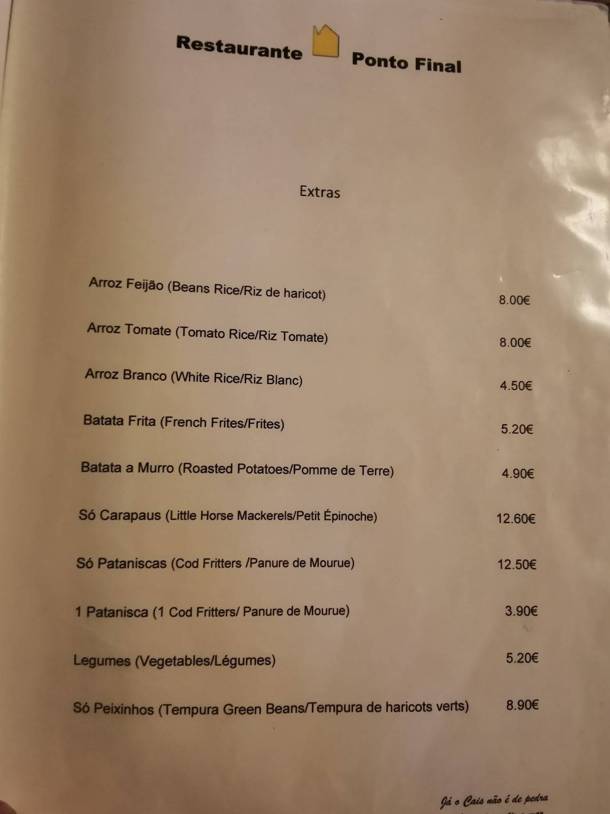 Menu at Ponto Final restaurant, Almada