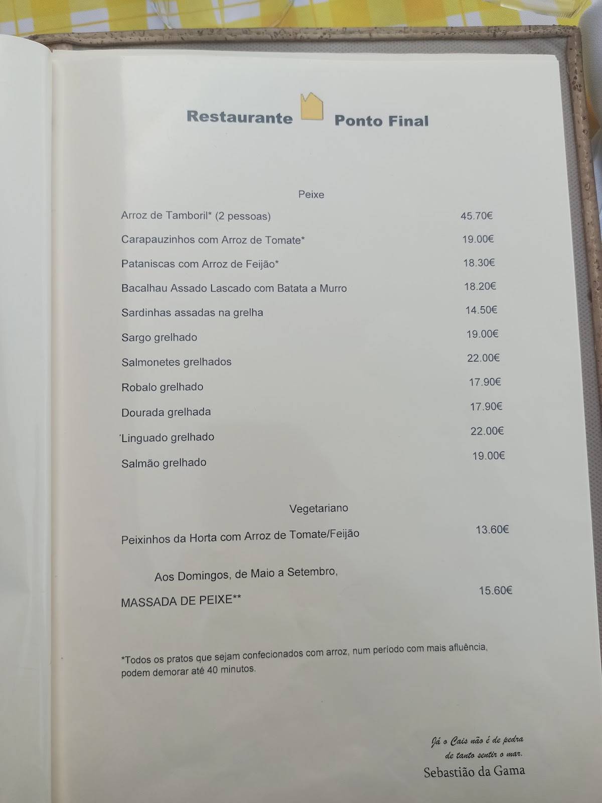 Menu at Ponto Final restaurant, Almada