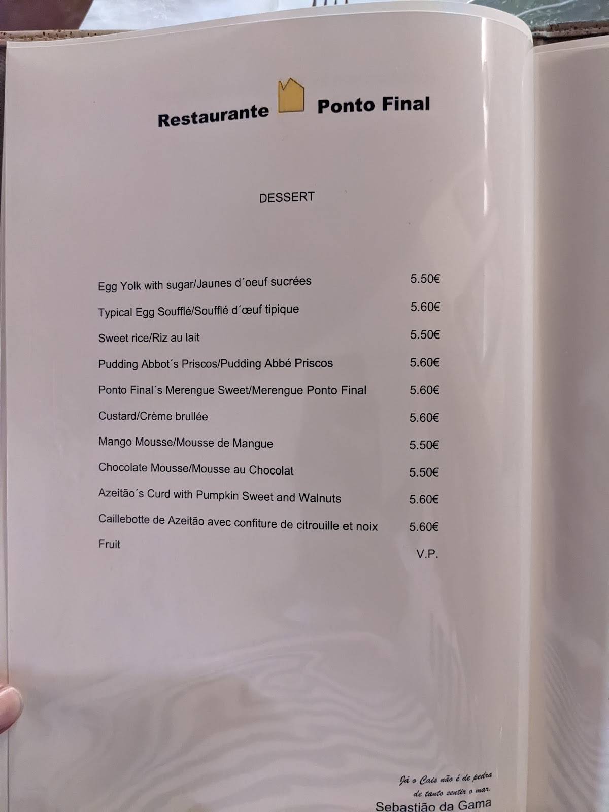 Menu at Ponto Final restaurant, Almada