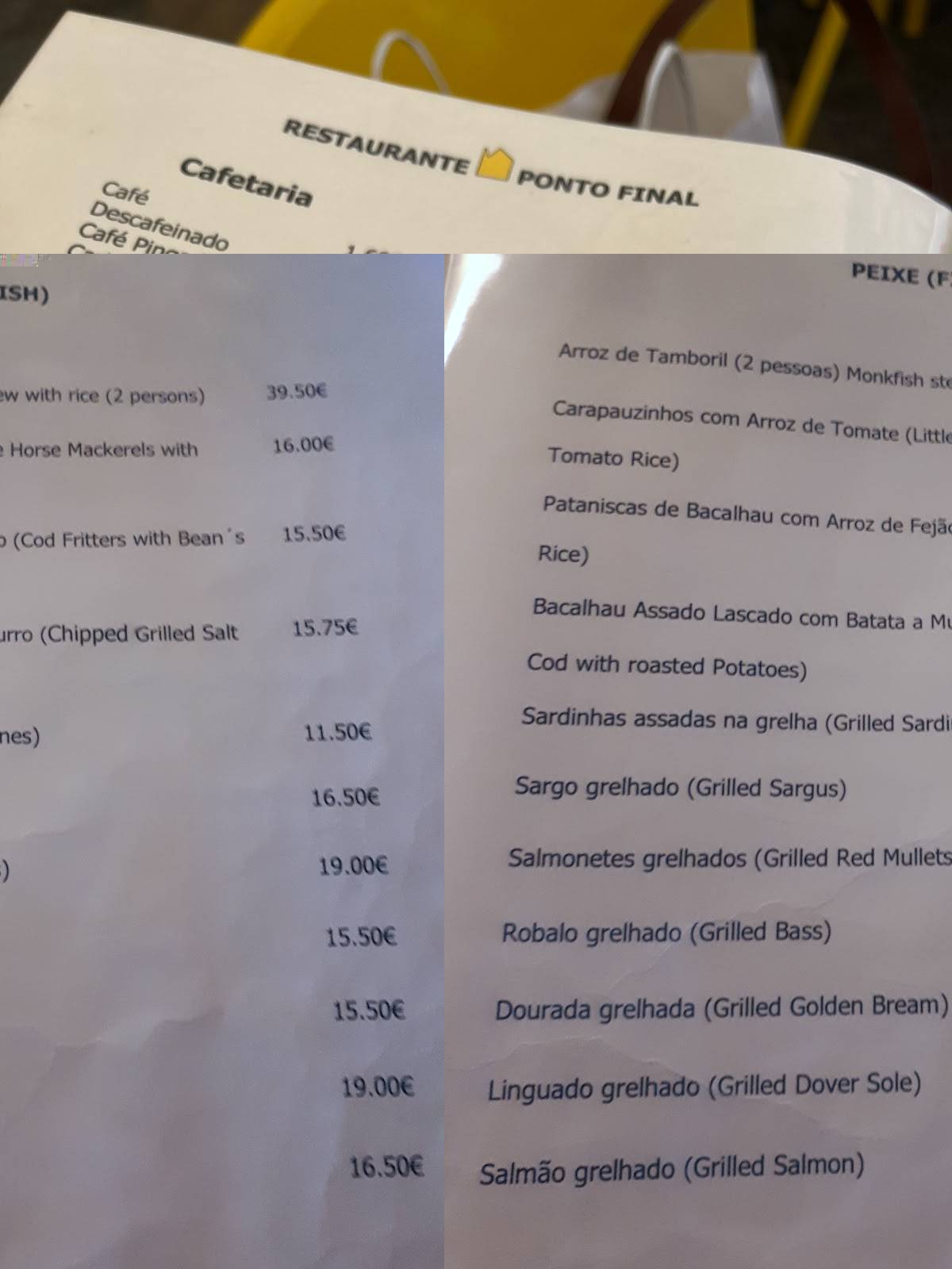 Menu at Ponto Final restaurant, Almada