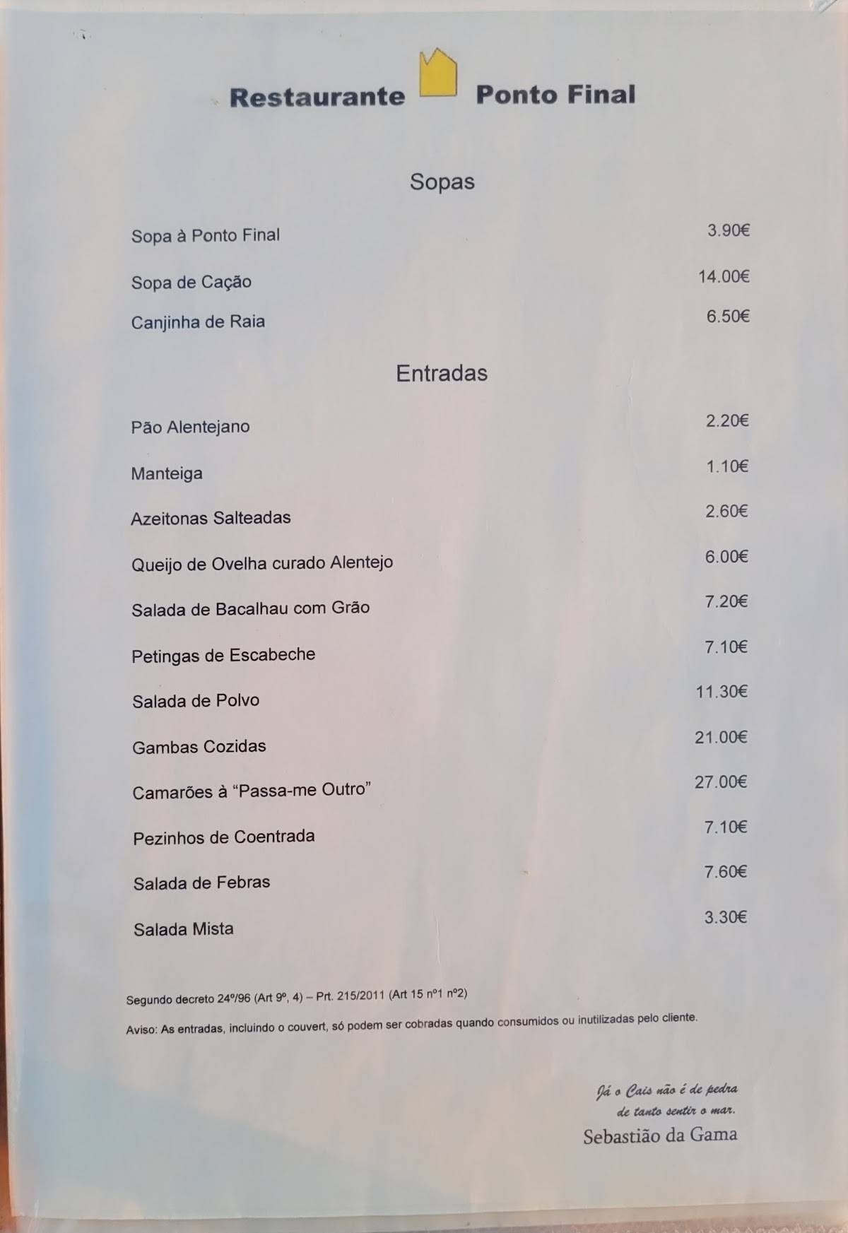 Menu at Ponto Final restaurant, Almada