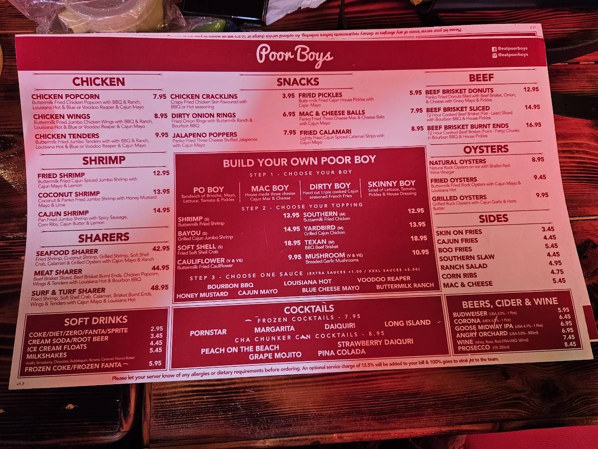Menu at Poor Boys restaurant, Kingston upon Thames