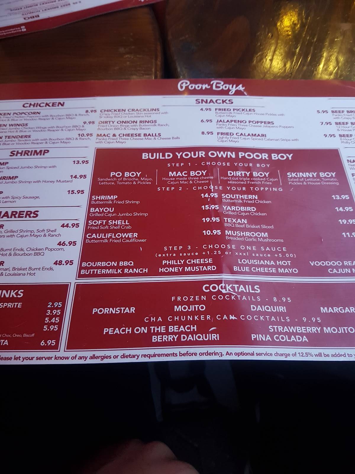 Menu at Poor Boys restaurant, Kingston upon Thames