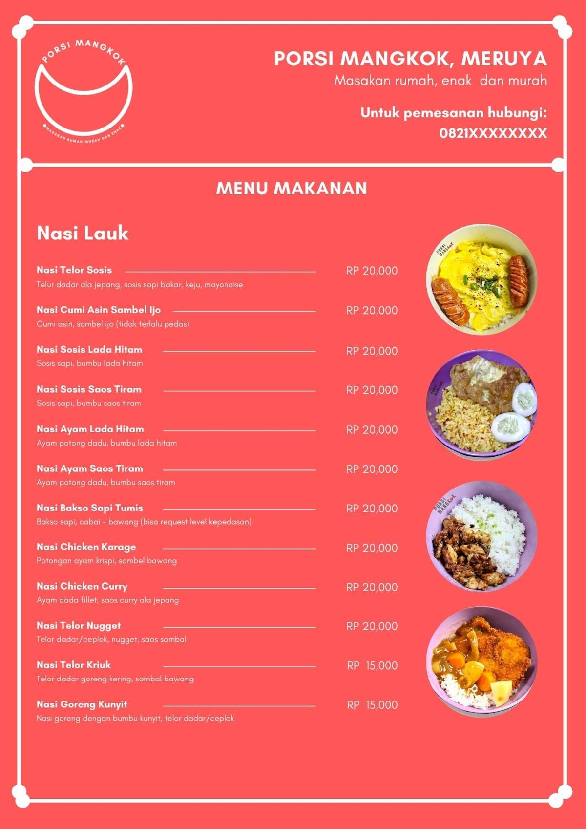 Menu at Porsi Mangkok restaurant, West Jakarta