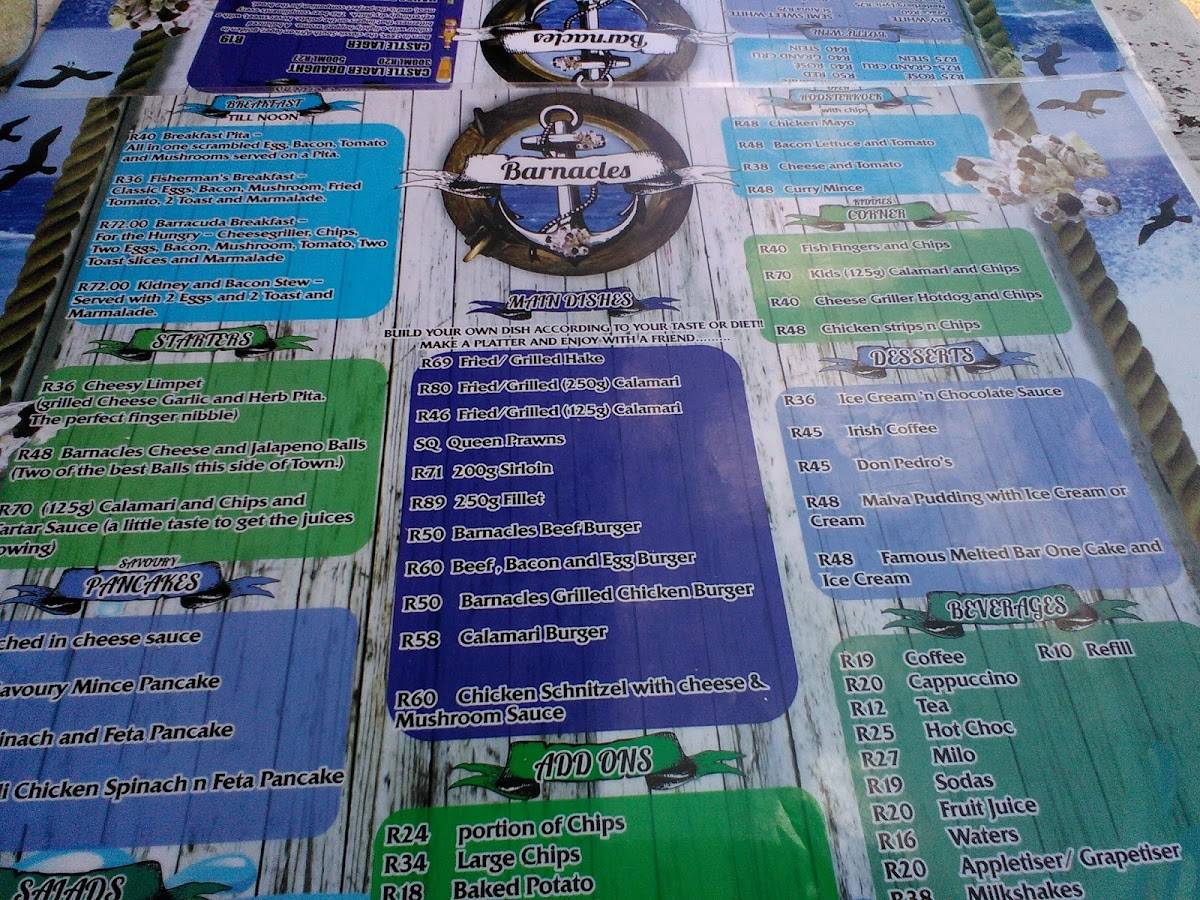 Menu at Barnacles Restaurant, Port Elizabeth