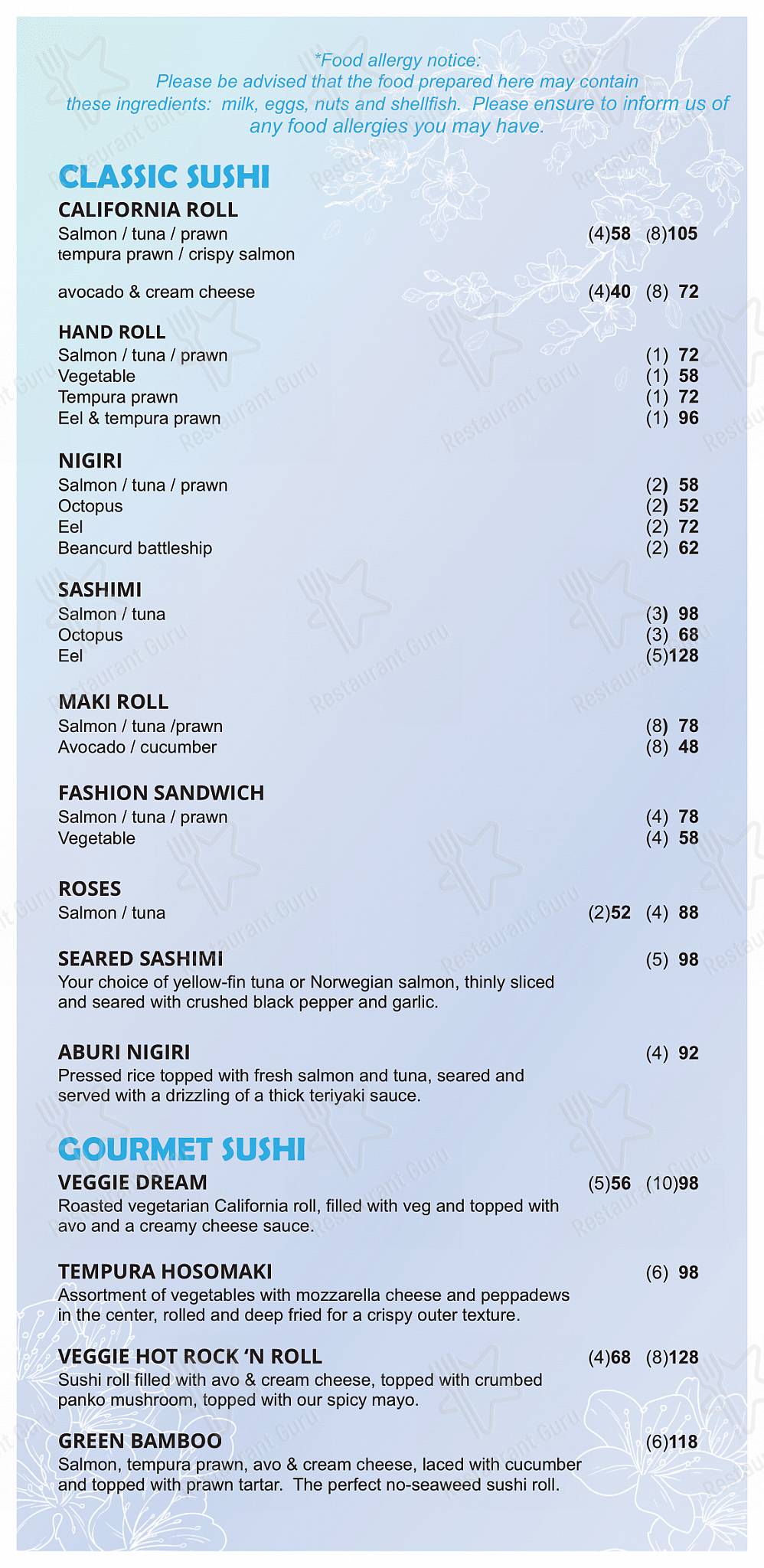 Menu at SUKI Sushi & Asian Cuisine restaurant, Port Elizabeth