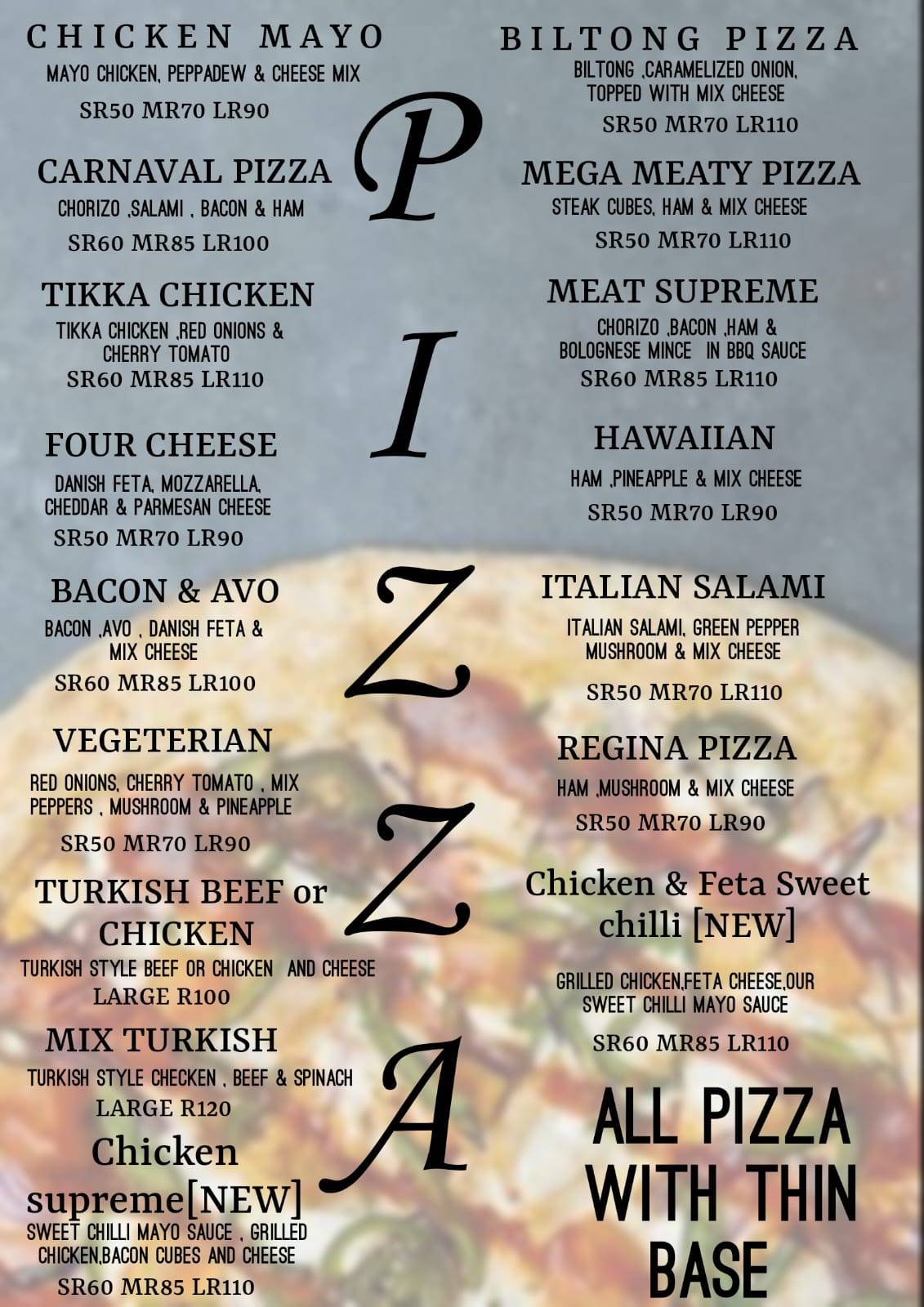 Menu at Die Boom restaurant, Pretoria