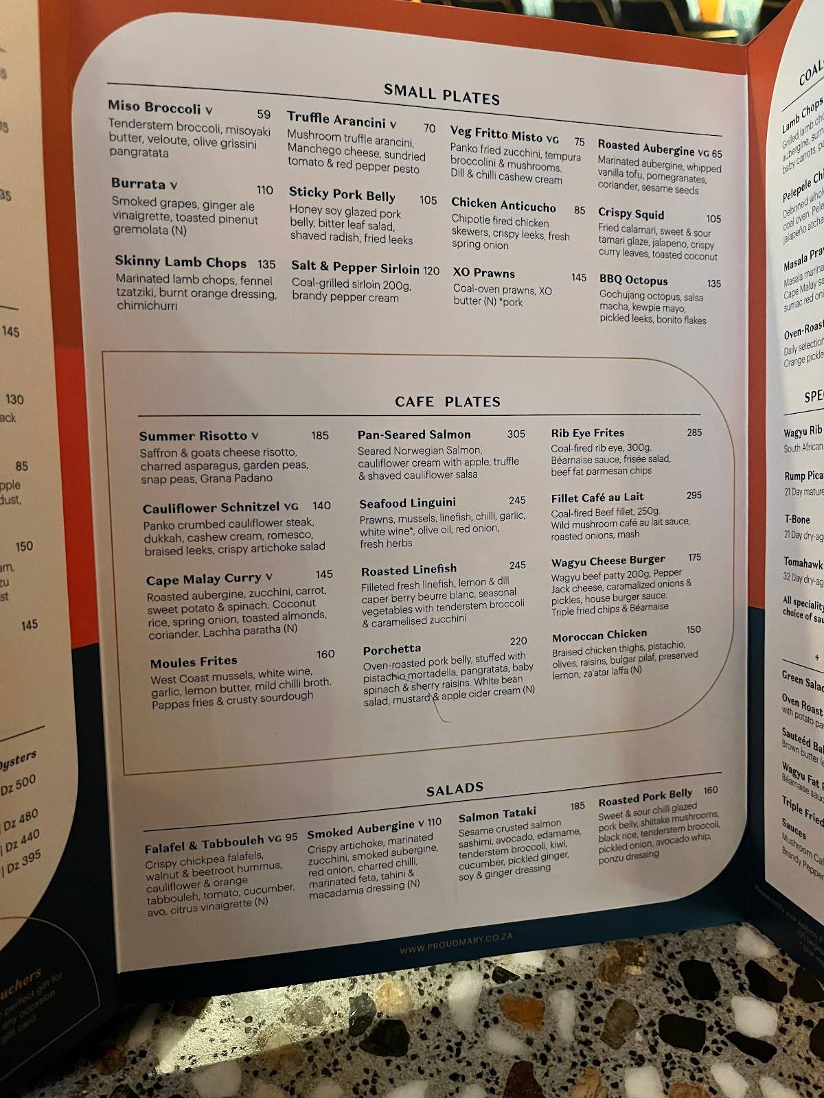 Menu at PROUD MARY restaurant, Johannesburg, The Bank