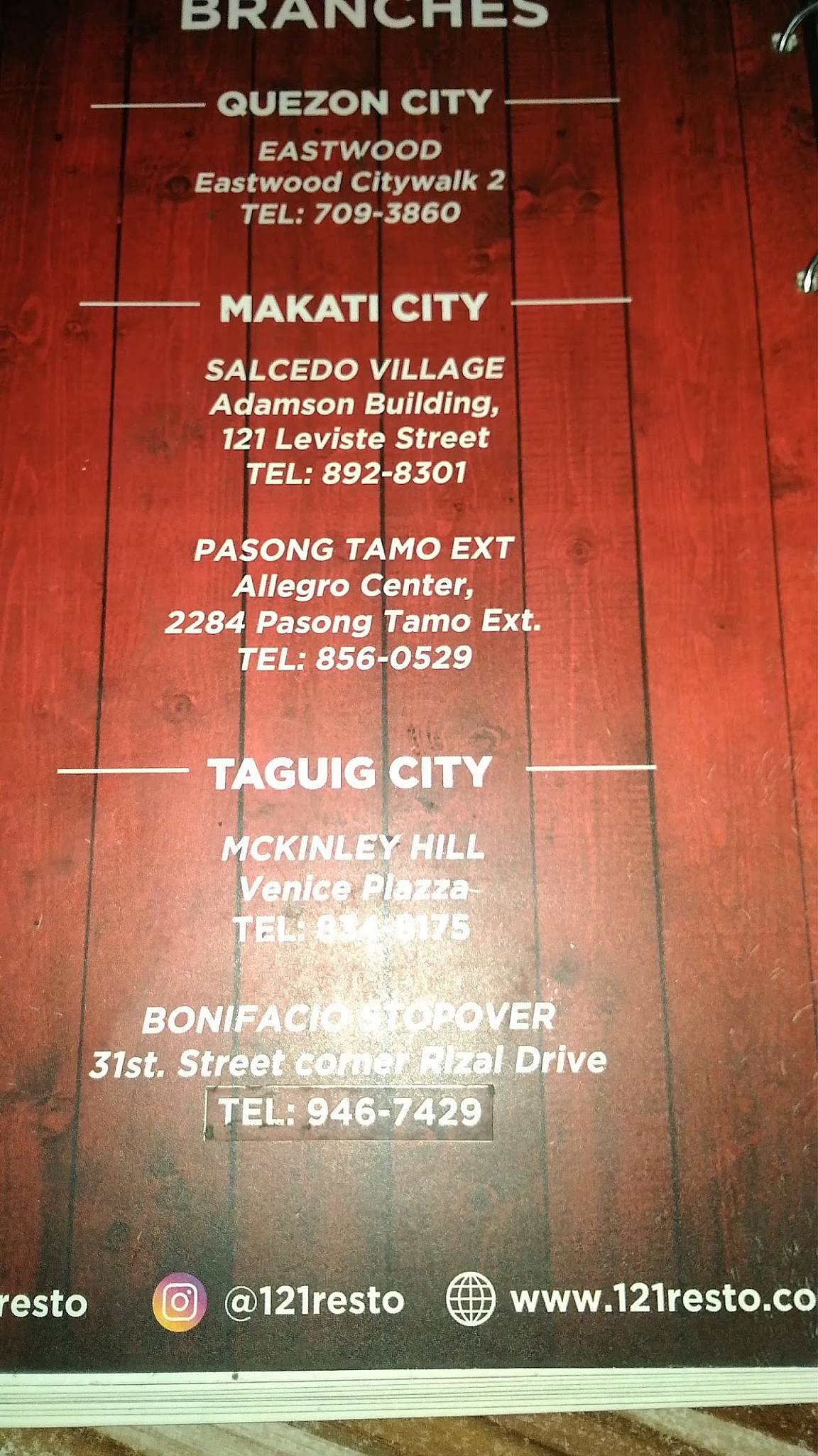Menu at 121 Restaurant (Salcedo Village, Makati City), Makati, 121 L.P ...