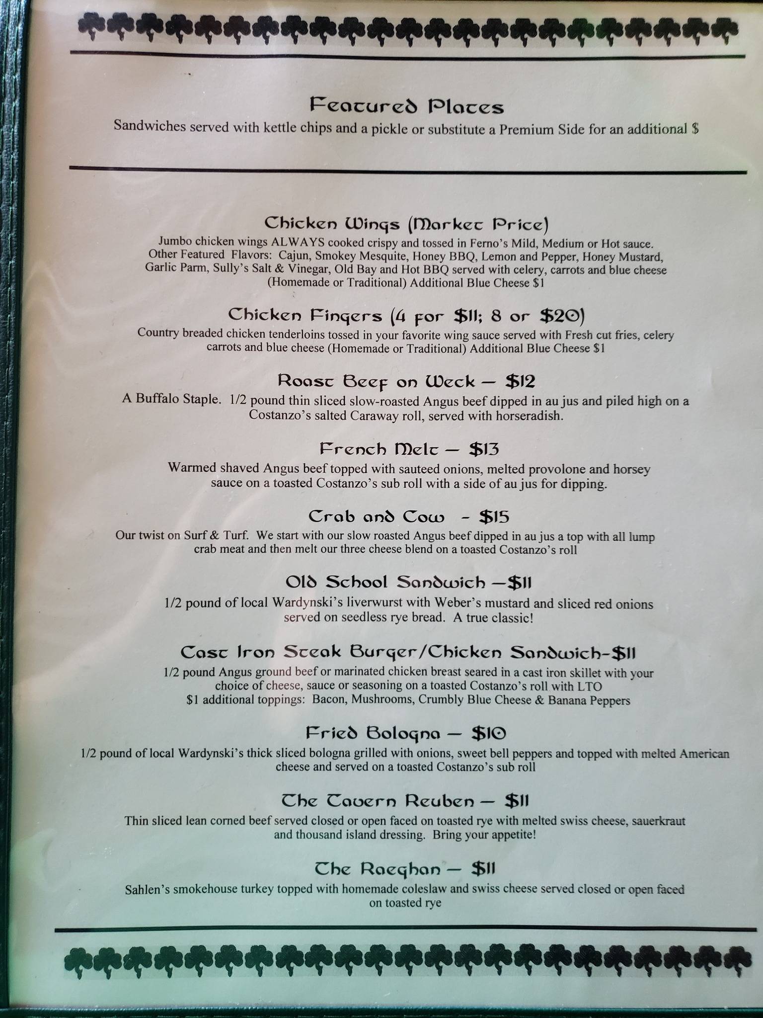 Menu at Adolf's Old First Ward Tavern pub & bar, Buffalo