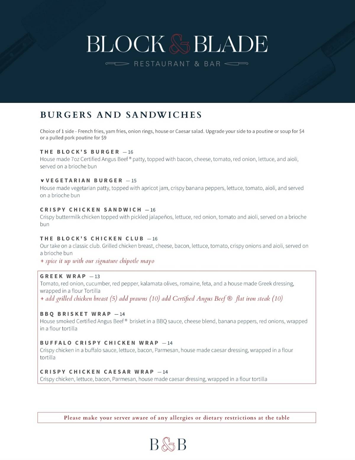 Menu at Block & Blade Restaurant and Bar, Winnipeg