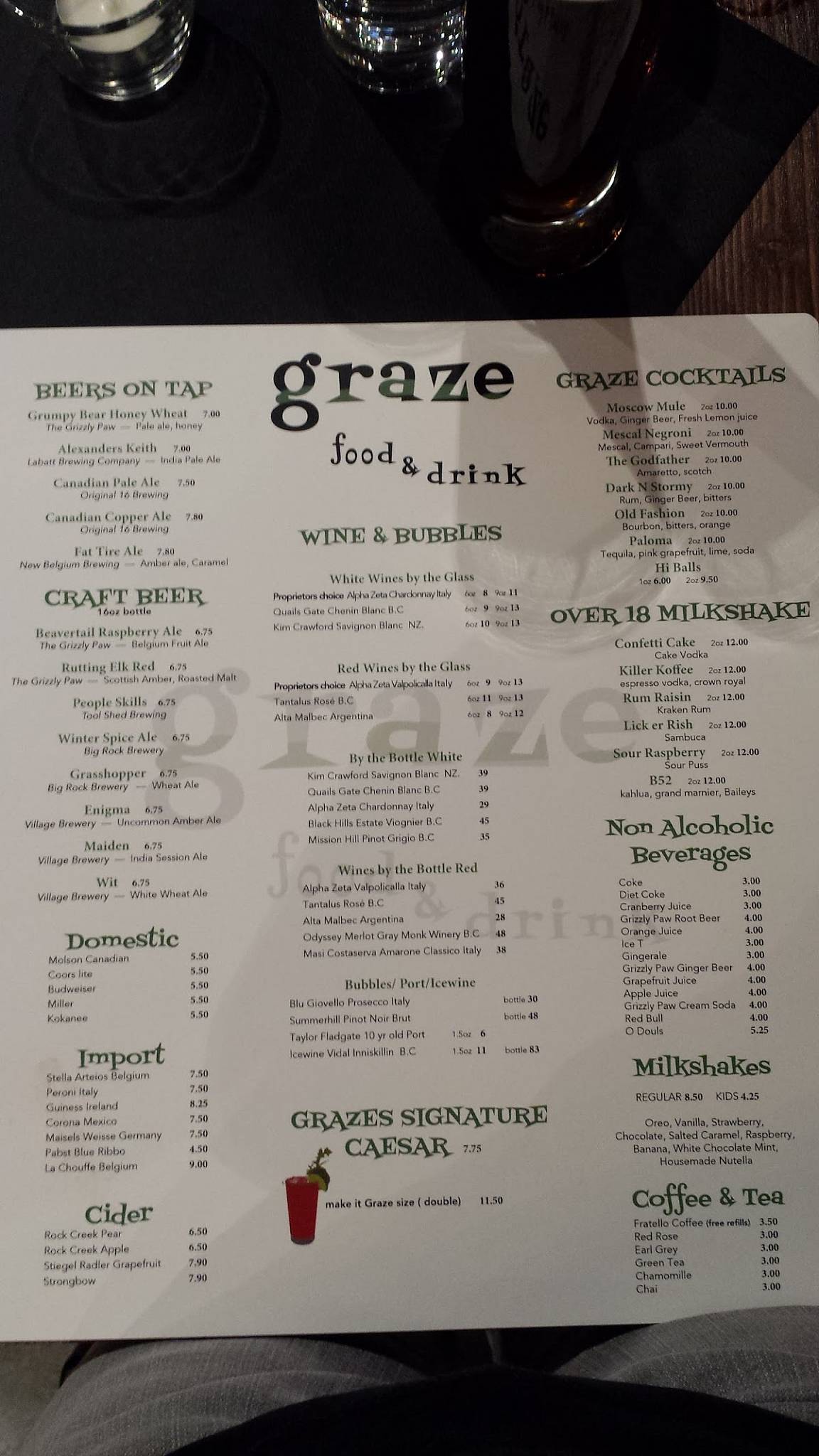 Menu at Graze Food & Drink pub & bar, Canmore
