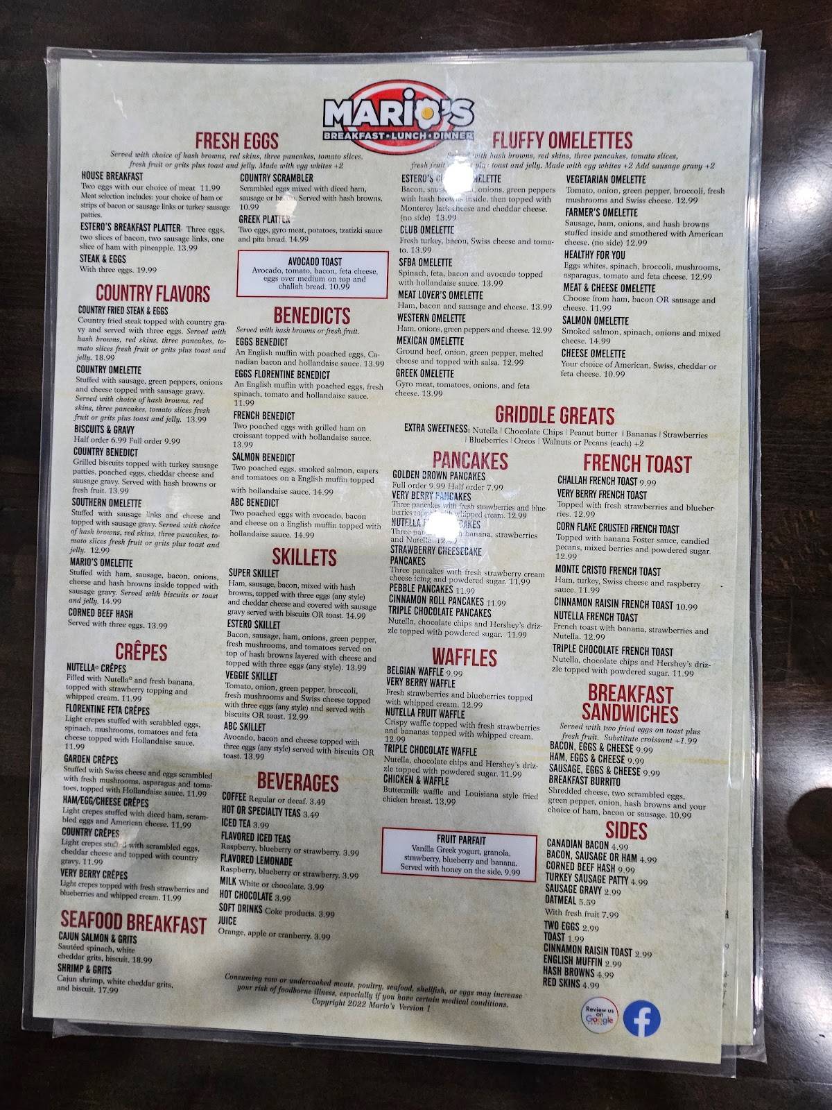 Menu at Mario's Of Estero pub & bar, Estero