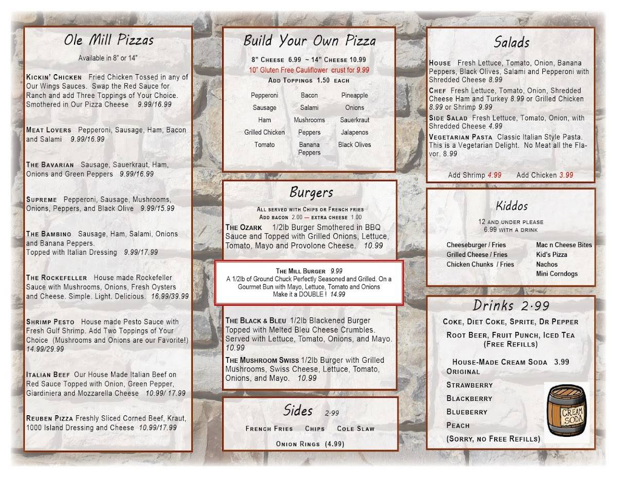 Menu at Ole Mill Tavern pub & bar, Mountain Home, US-62