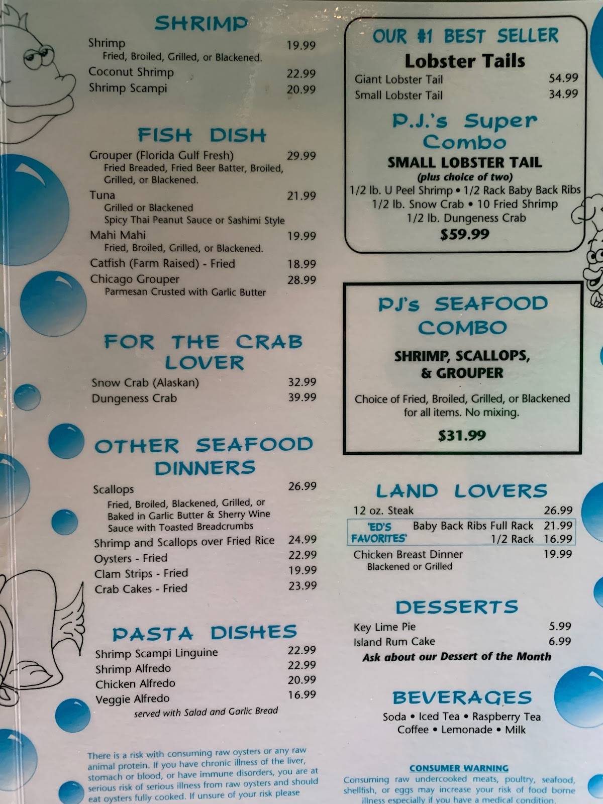 Menu at P.J.'s Oyster Bar, Indian Rocks Beach
