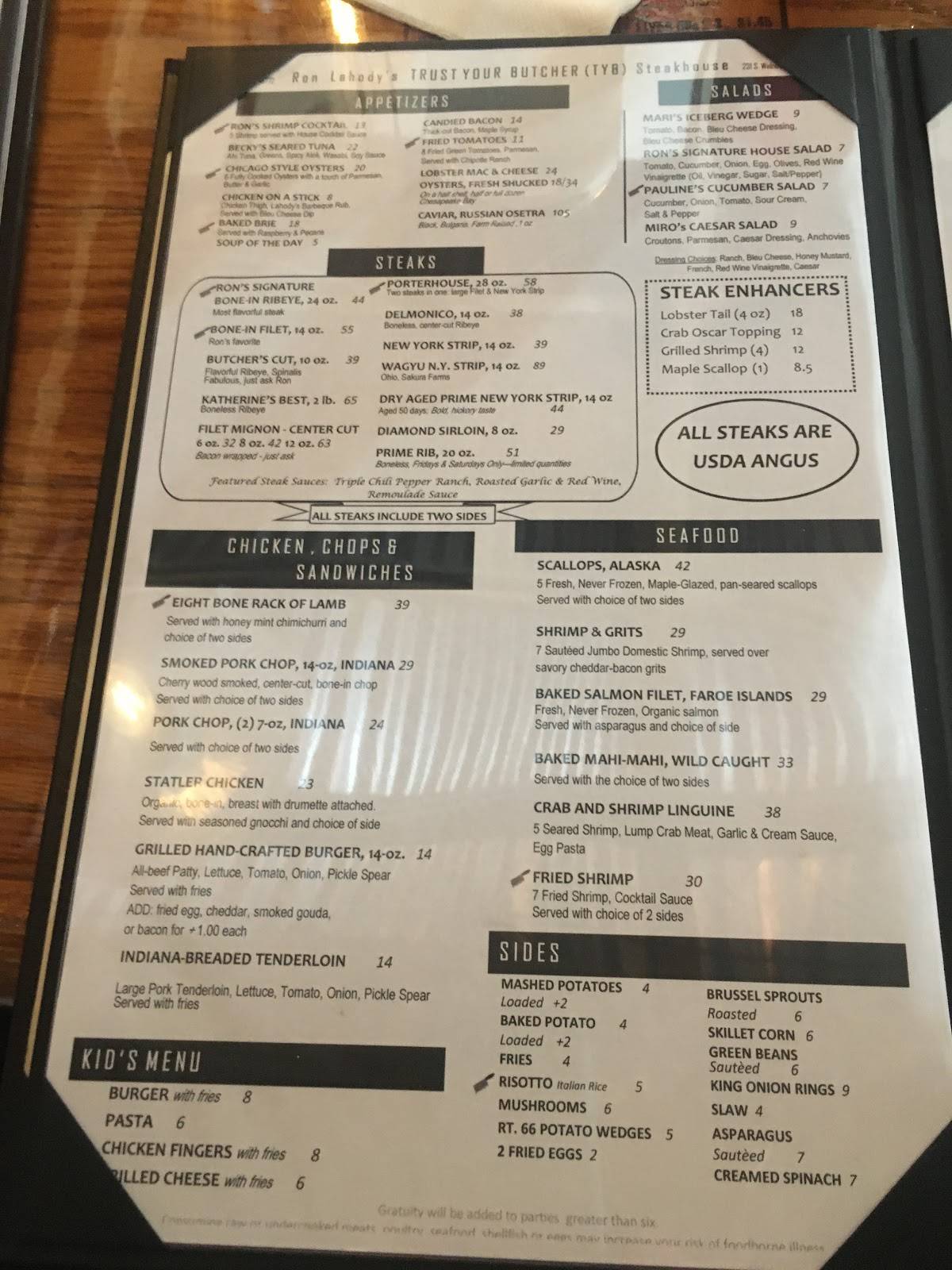 Menu at Ron Lahody's Trust Your Butcher Steakhouse, Muncie