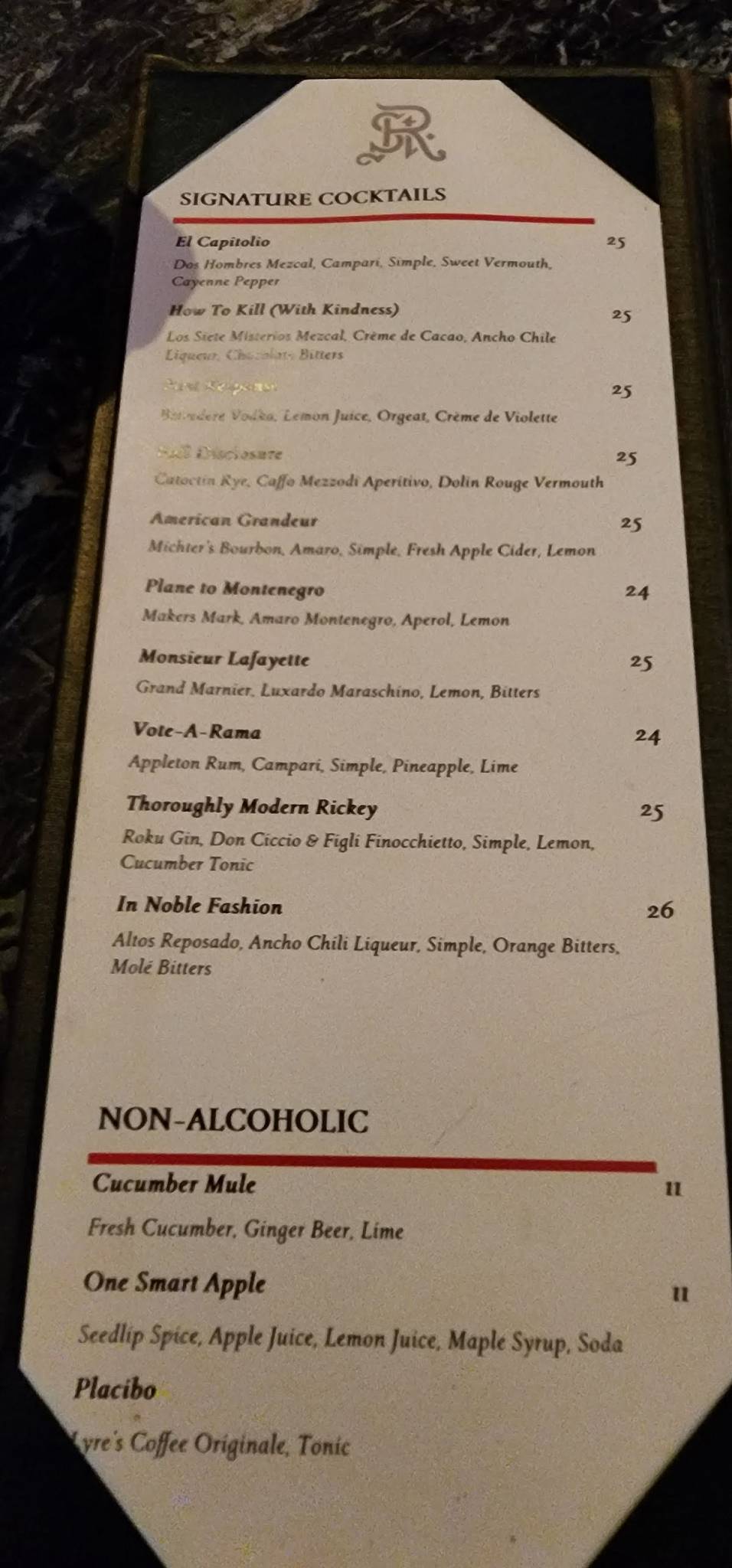 Menu at St. Regis Bar, Washington