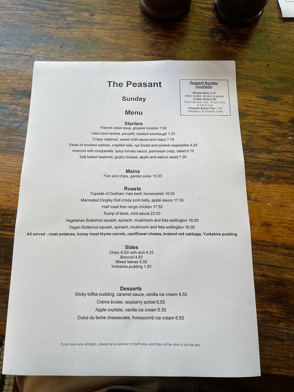 Menu at The Peasant pub & bar, London