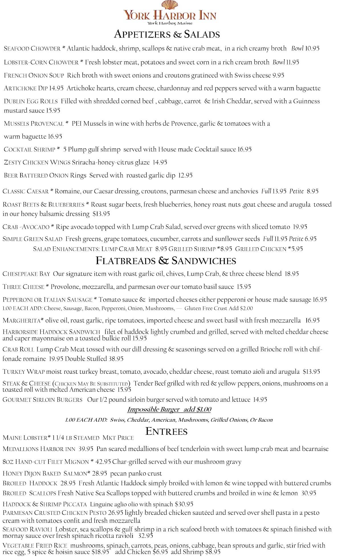 Menu at York Harbor Inn pub & bar, York