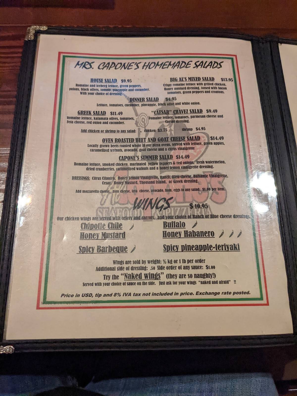 Menu at Al Capone's Seafood and Pizzeria, Puerto Peñasco