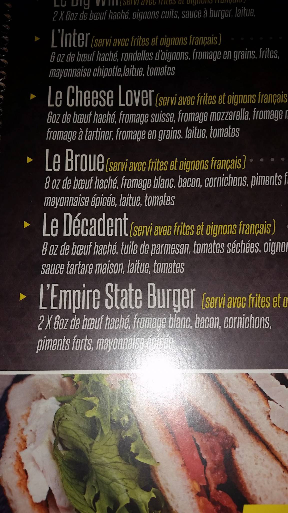 Menu au Québec Broue restaurant, Québec, Boulevard Wilfrid-Hamel