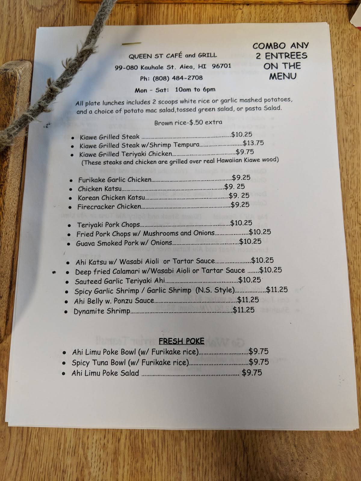 Menu at Queen Street Cafe & Grill, Aiea