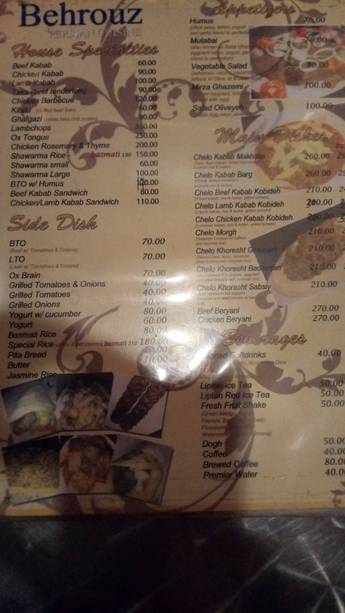 Menu at Behrouz Persian Cuisine restaurant, Quezon City, 50 Sct. Tobias St