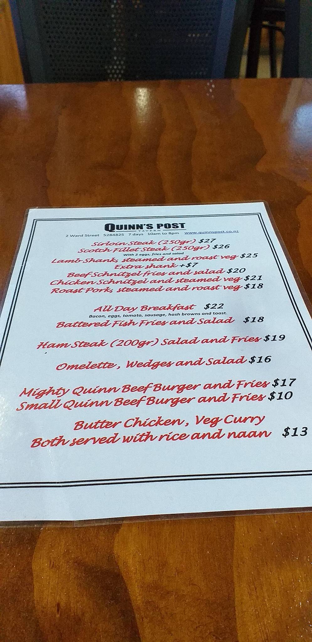 Menu at Quinns Post restaurant, Upper Hutt