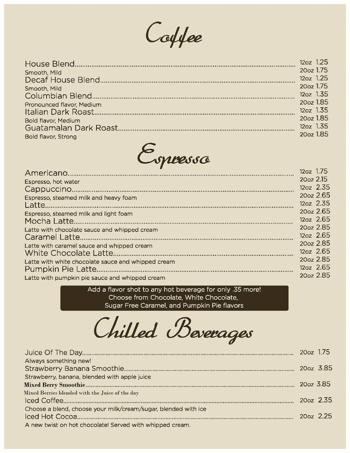 Menu at Quinn's Wake Coffee House, Olean