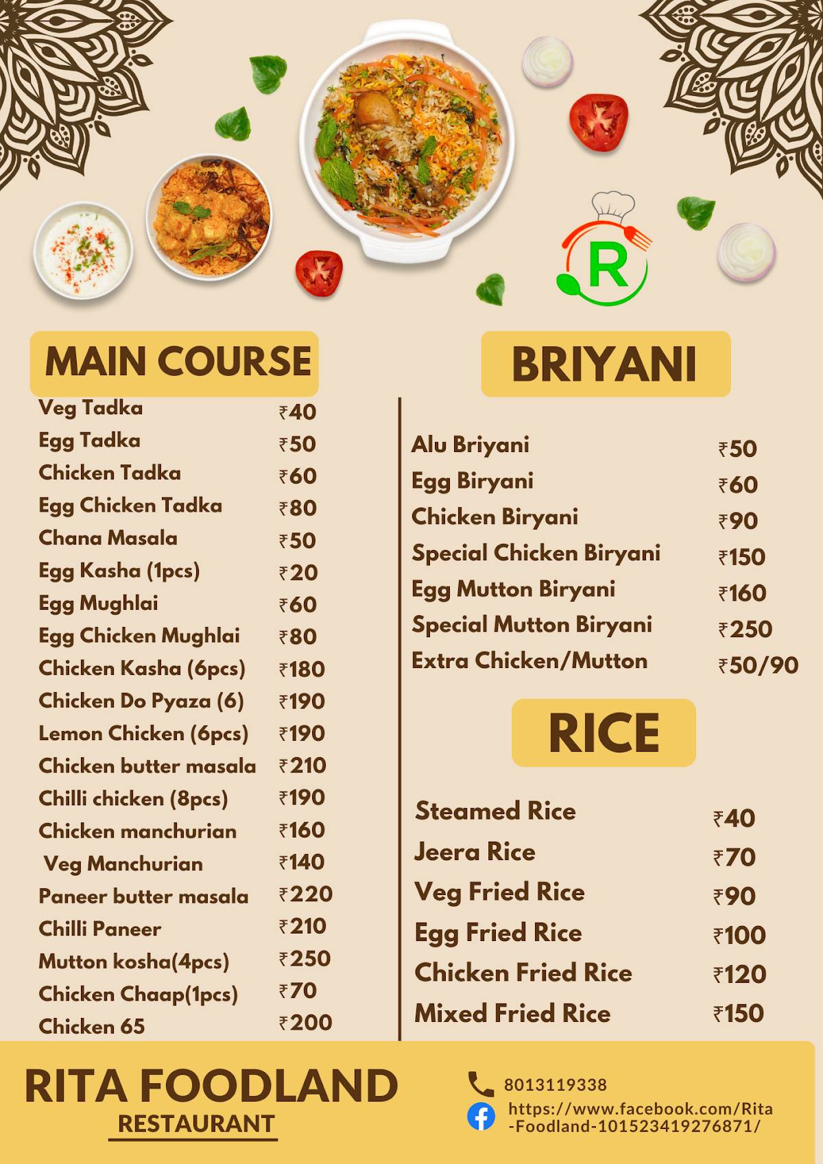 Menu at RITA FOODLAND RESTAURANT, Kalyani