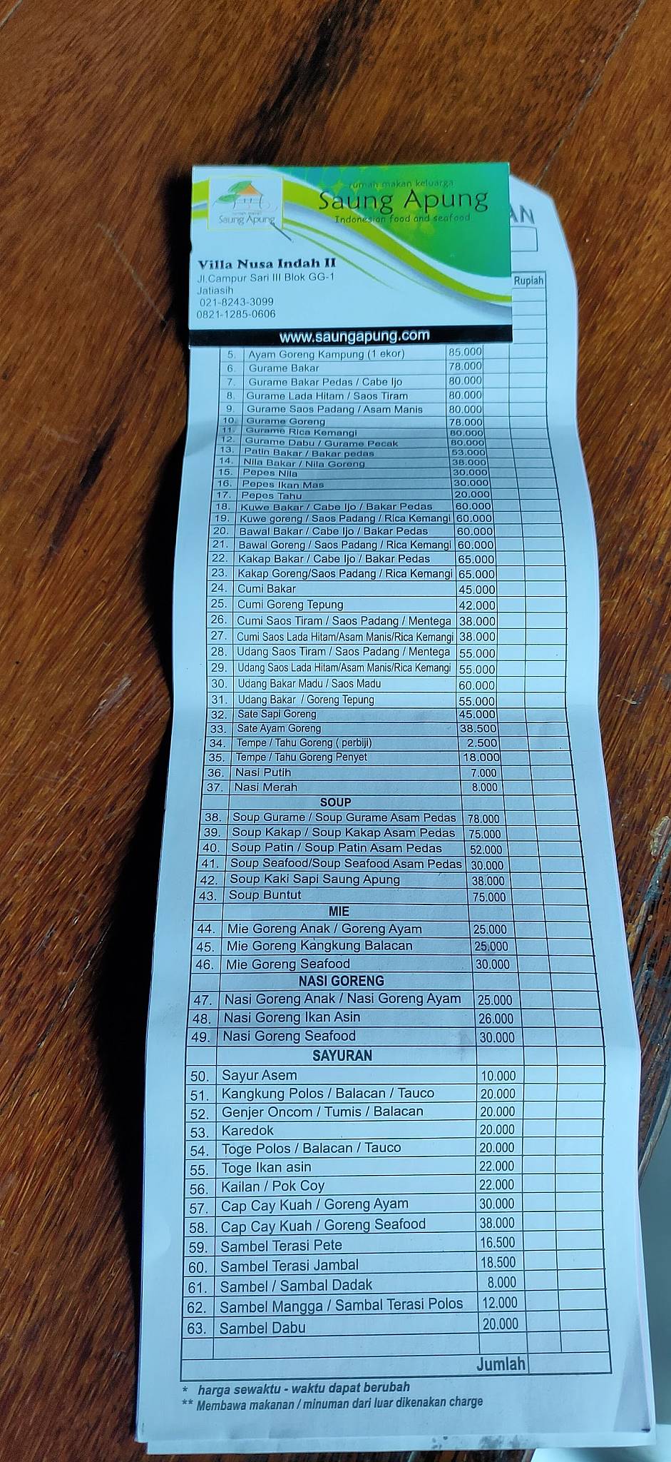 Menu at RM. Saung Apung - Villa Nusa Indah restaurant, Indonesia