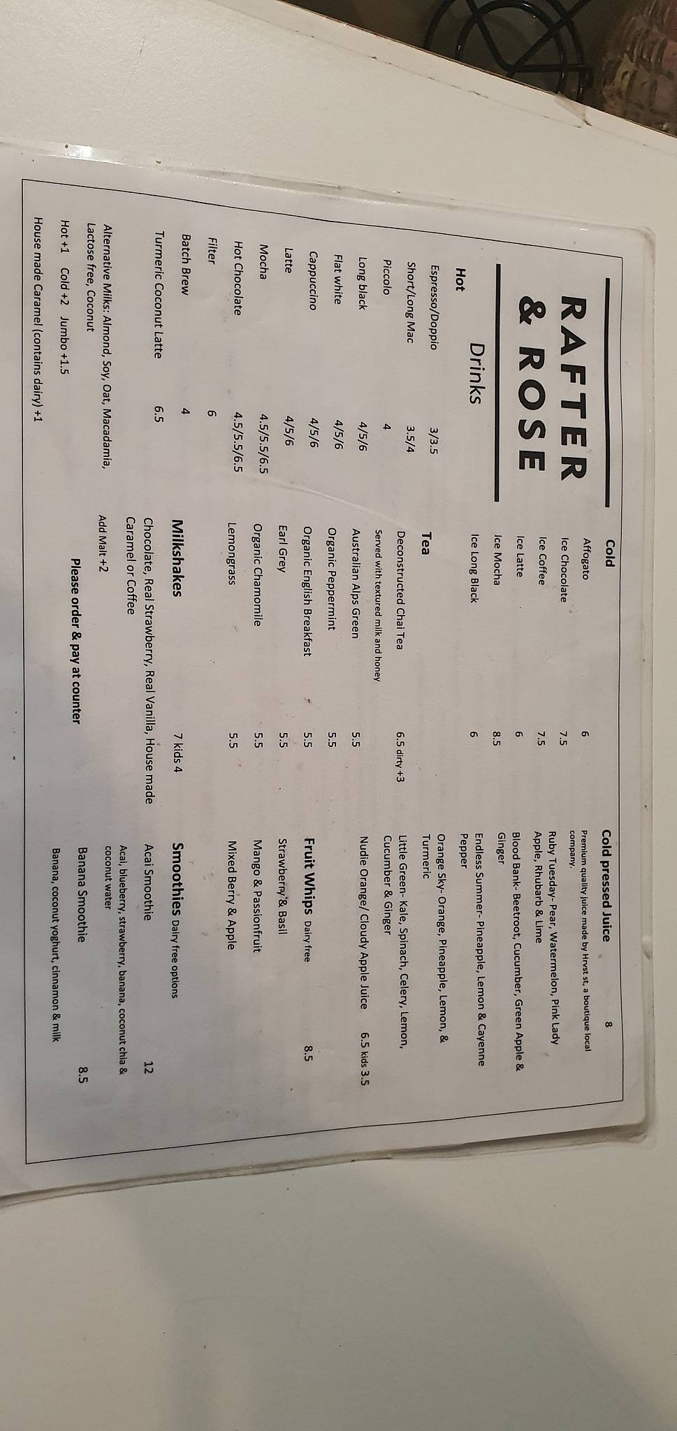 Menu at Rafter & Rose restaurant, Ipswich