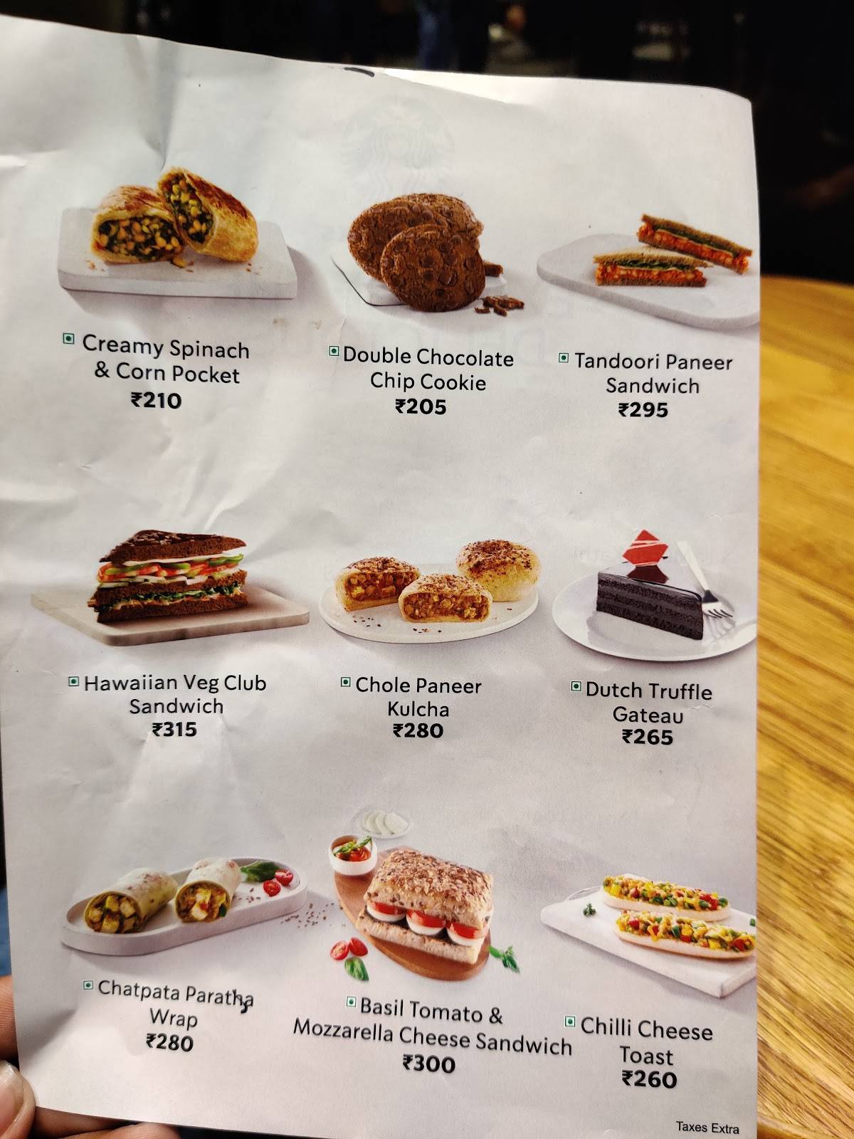 Menu at Starbucks, Raipur