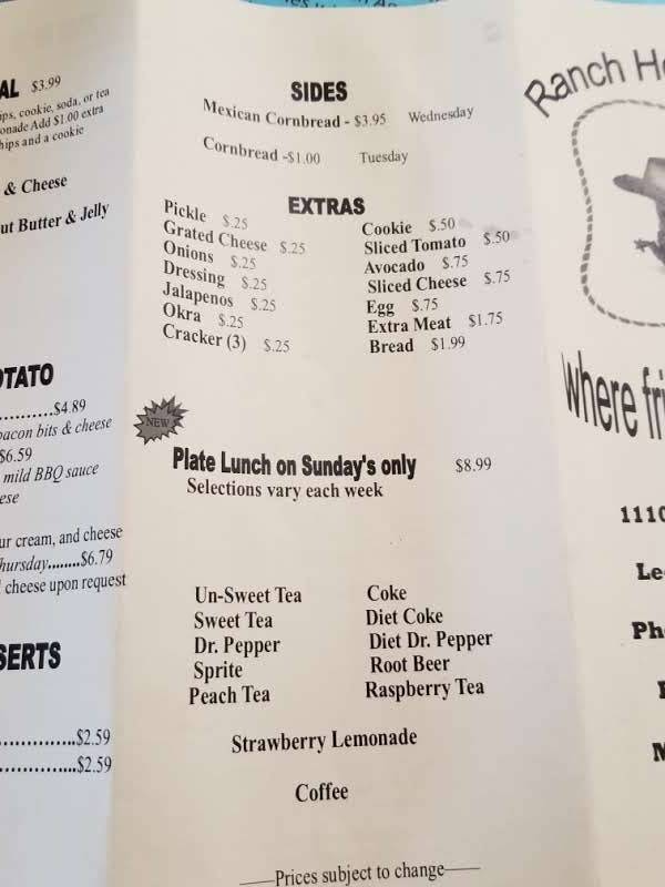 Menu at Ranch House Cafe, Leesville