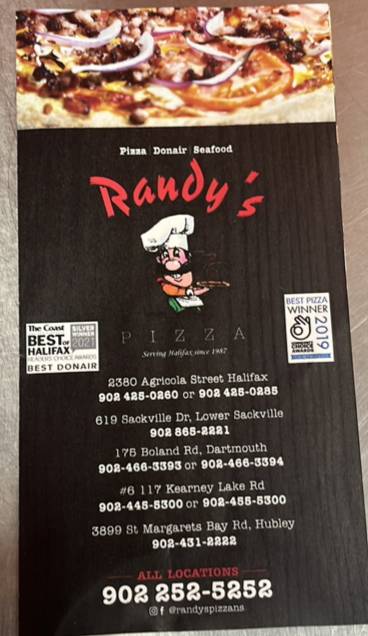 Menu at Randy's Pizza & Donair pizzeria, Lower Sackville