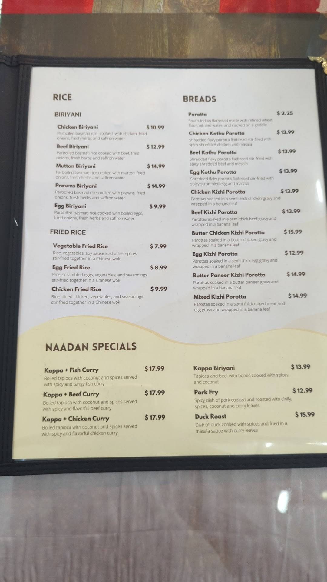 Carta de Rapha Kerala Restaurant - Authentic South Indian Cuisine ...