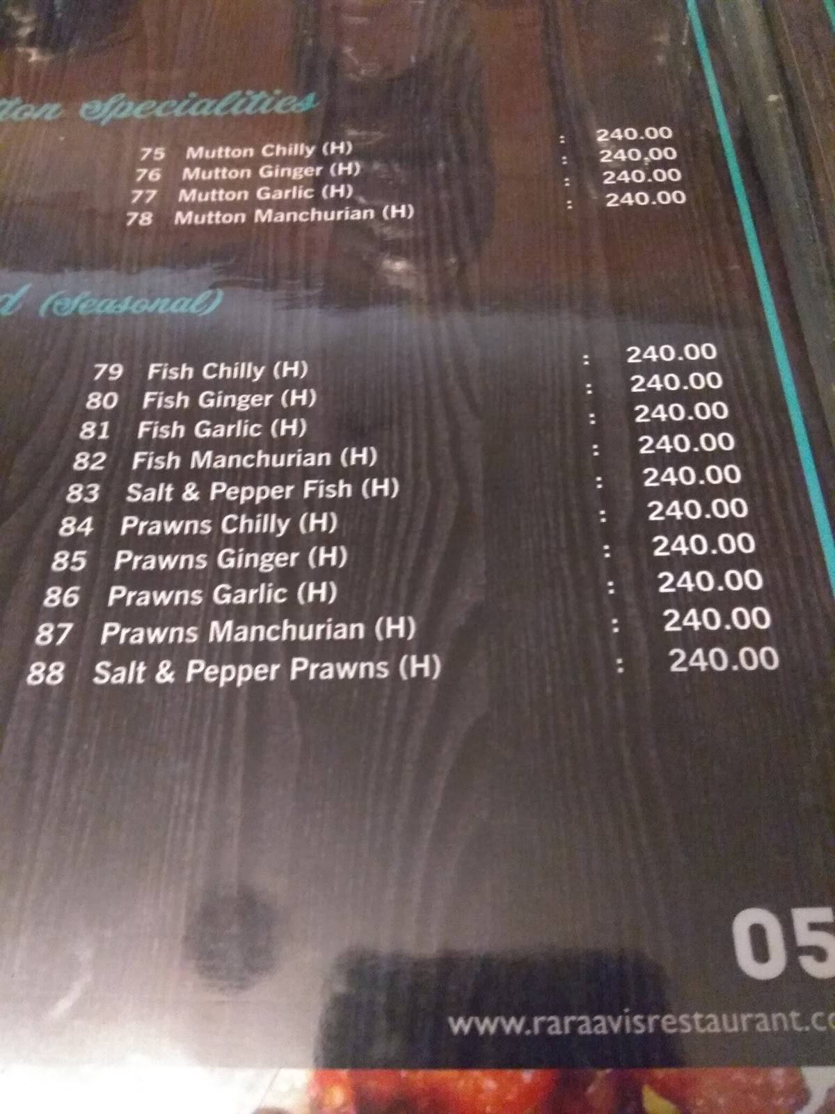 Menu at Rara Avis, Thalassery