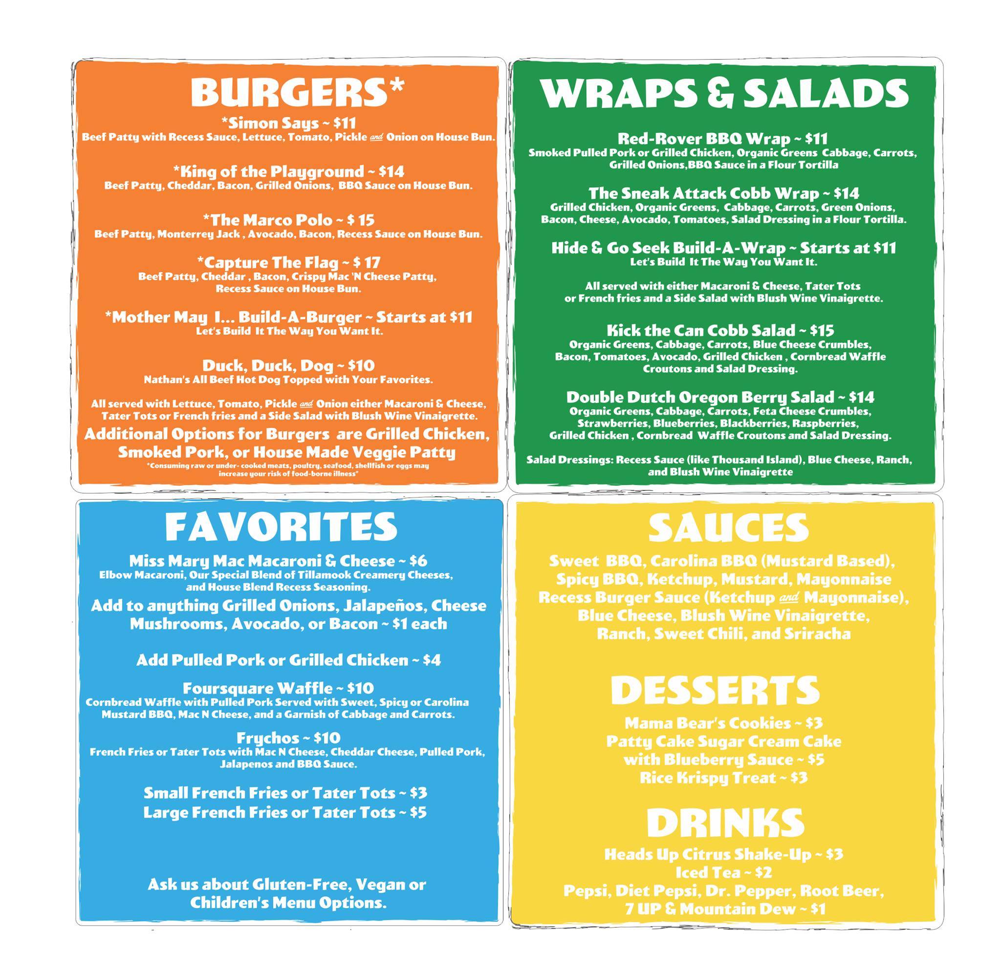 Menu at Recess restaurant, Tillamook, N Main Ave